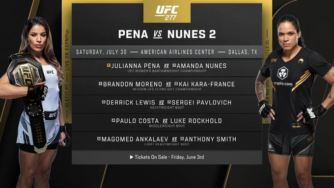 Two championship fights headline UFC 277 in Dallas on 7/30