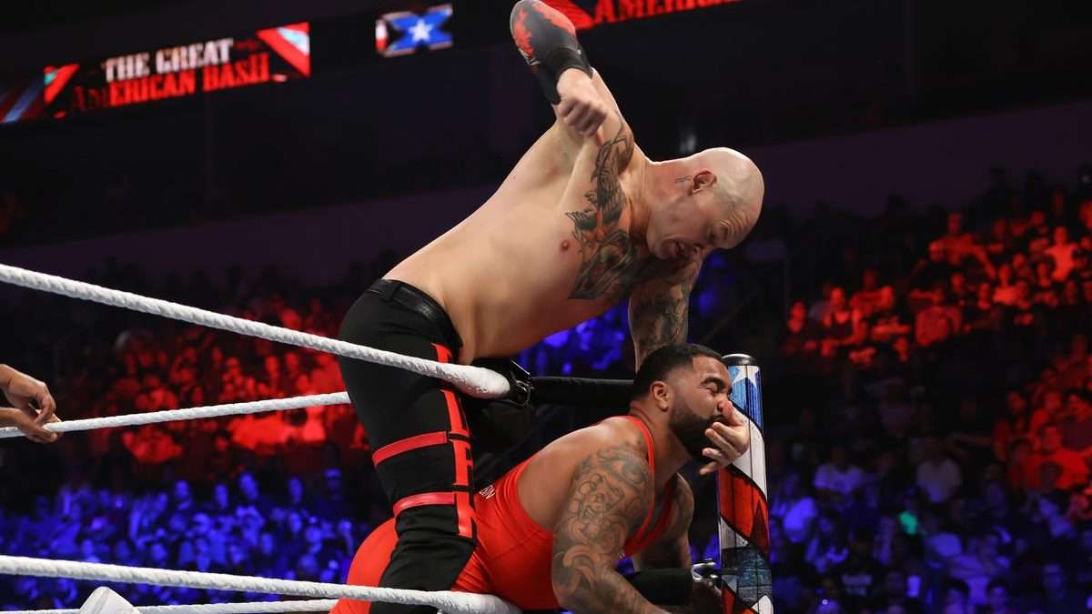 Baron Corbin reacts to crowd cheering him at NXT Great American Bash