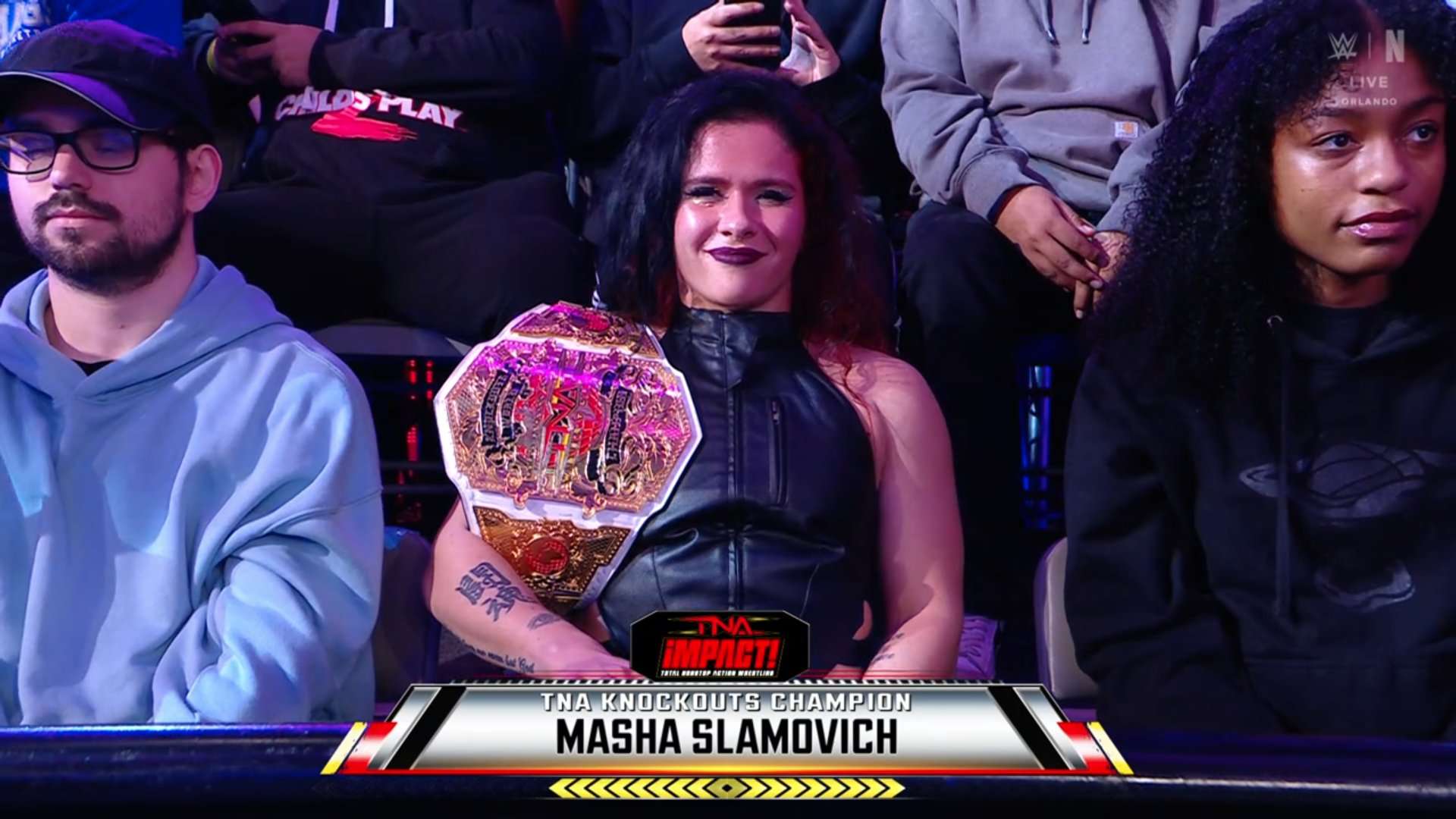 TNA Knockouts World Champion Masha Slamovich shown in front row at WWE NXT