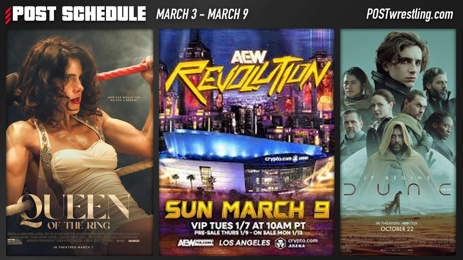POST SCHEDULE: AEW Revolution, Queen of the Ring, Dune, Daredevil: Born ...