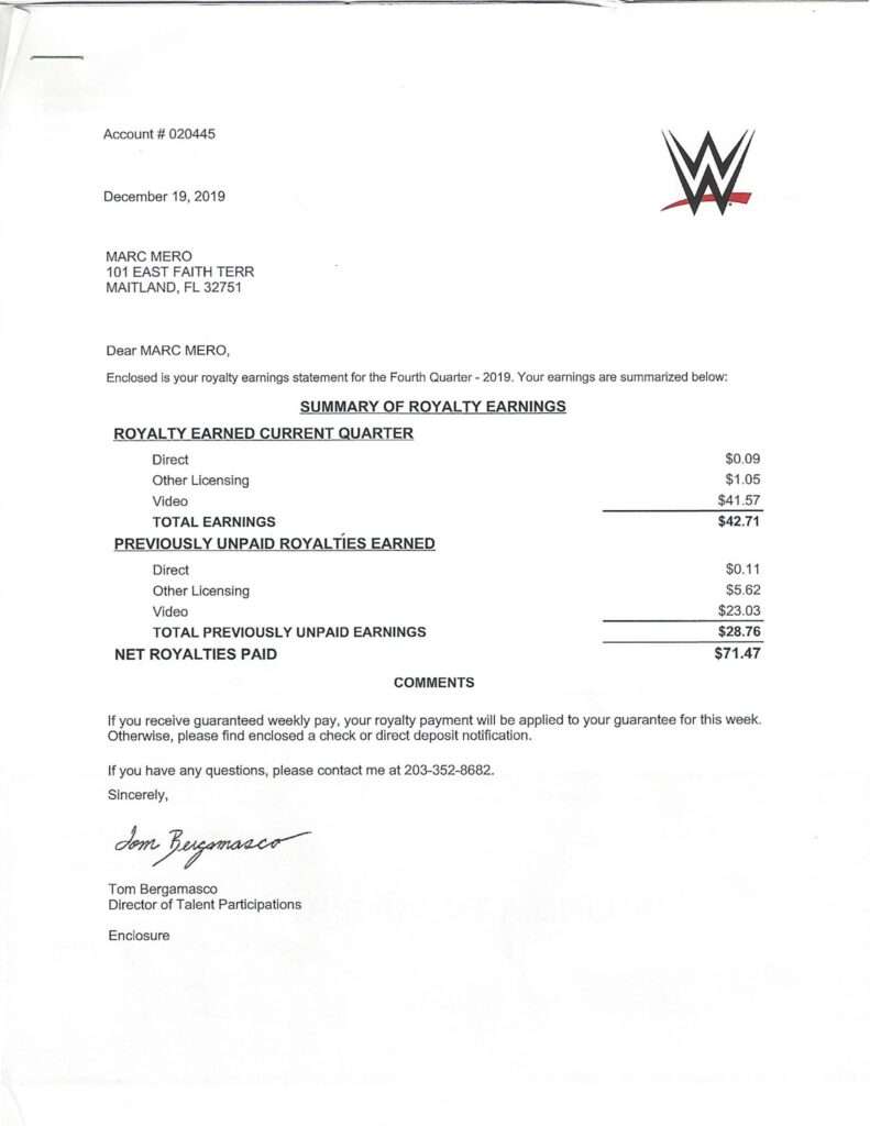 Marc Mero shares 2019 WWE royalty statement highlighting $71 payout